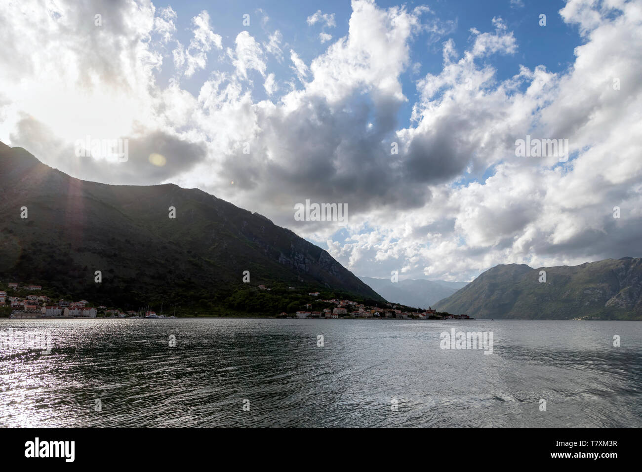 Montenegro - A view from the sea of the coastal town of Prčanj in the ...