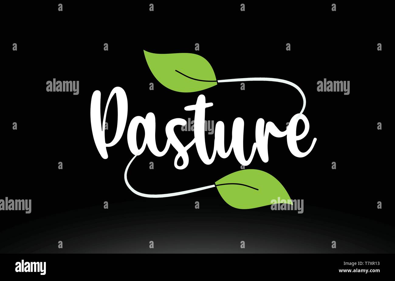Pasture word or text with green leaf on black background suitable for ...