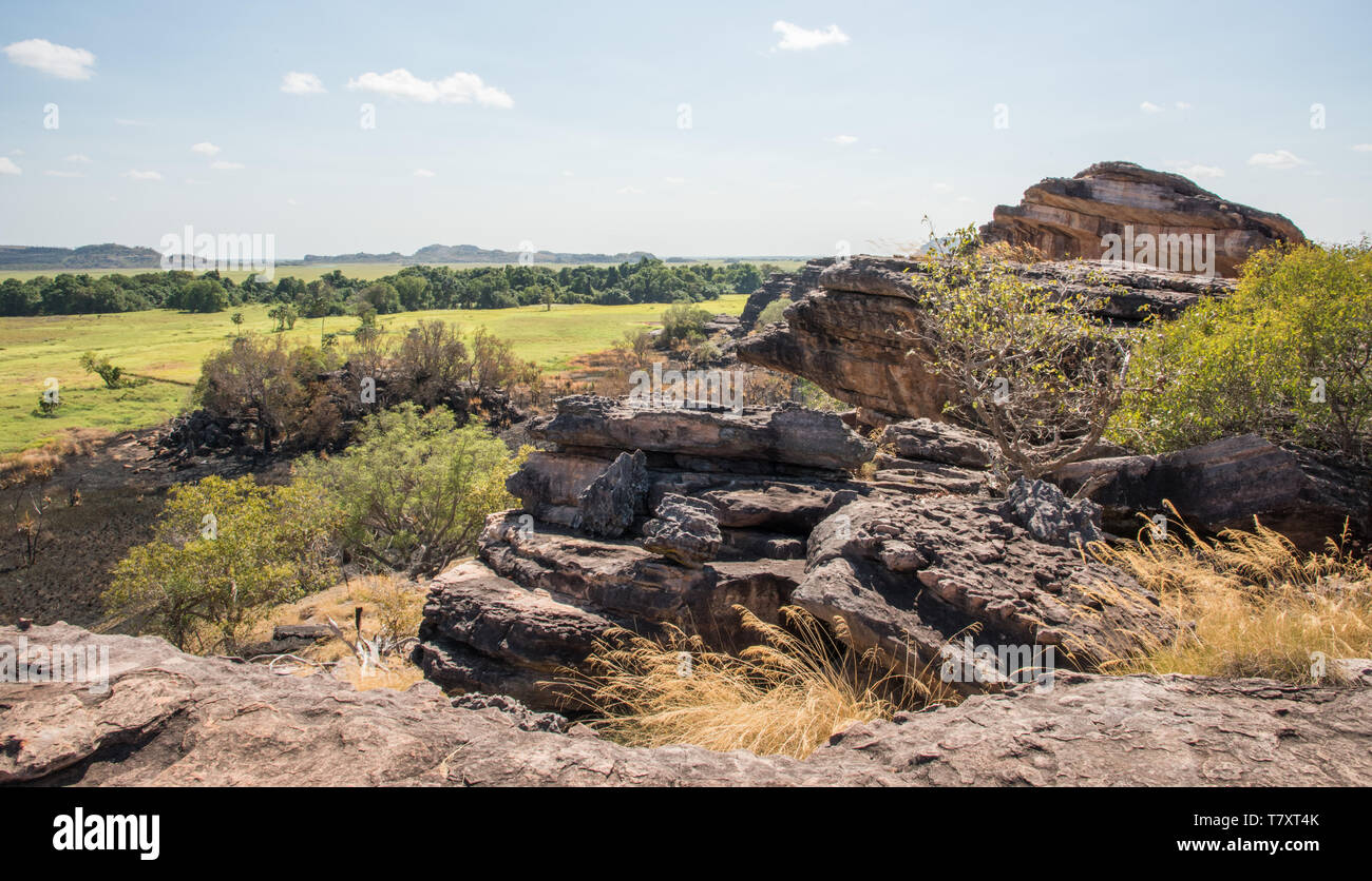 Stunning view from Ubirr Rock over the natural bushland with sandstone ...