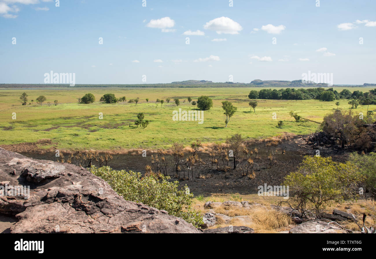 Stunning view from Ubirr Rock over the natural bushland with sandstone ...