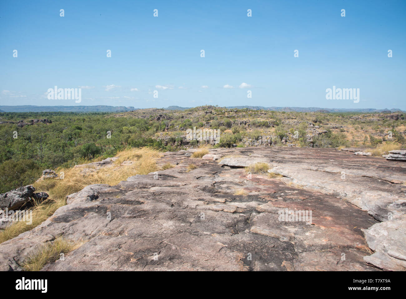 Stunning view from Ubirr Rock over the natural bushland with sandstone ...