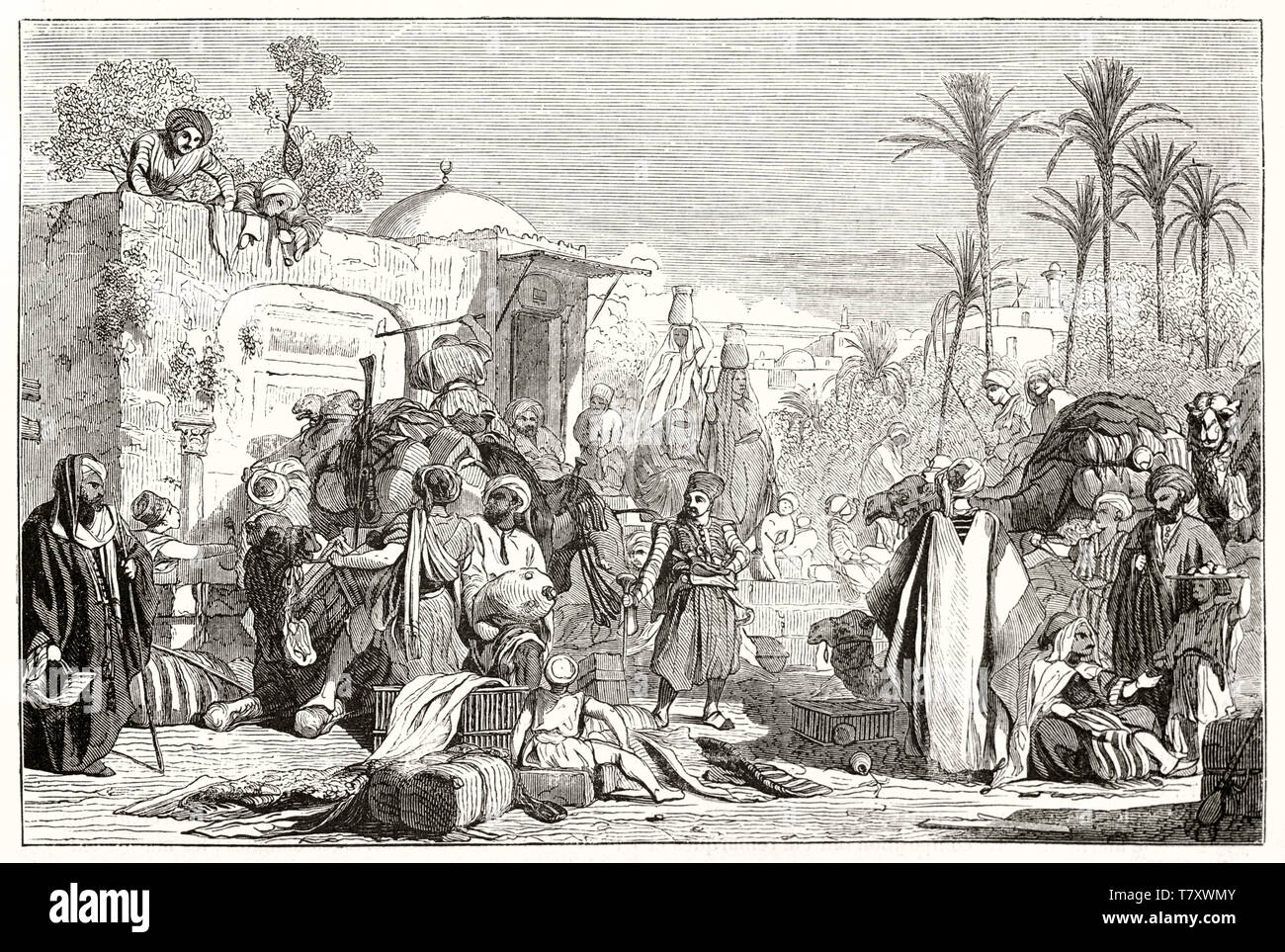 Ancient Arab caravan resting and getting water from a fountain. Arabian ...