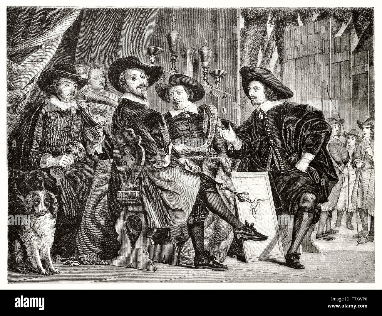 Four very elegant people having good time seated indoor. Old ...