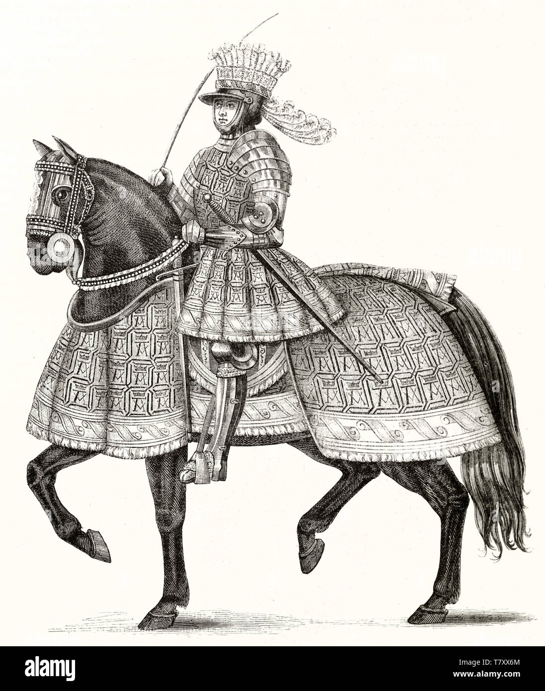 Louis XII of France entering horseback in Genoa Italy. Both man and ...