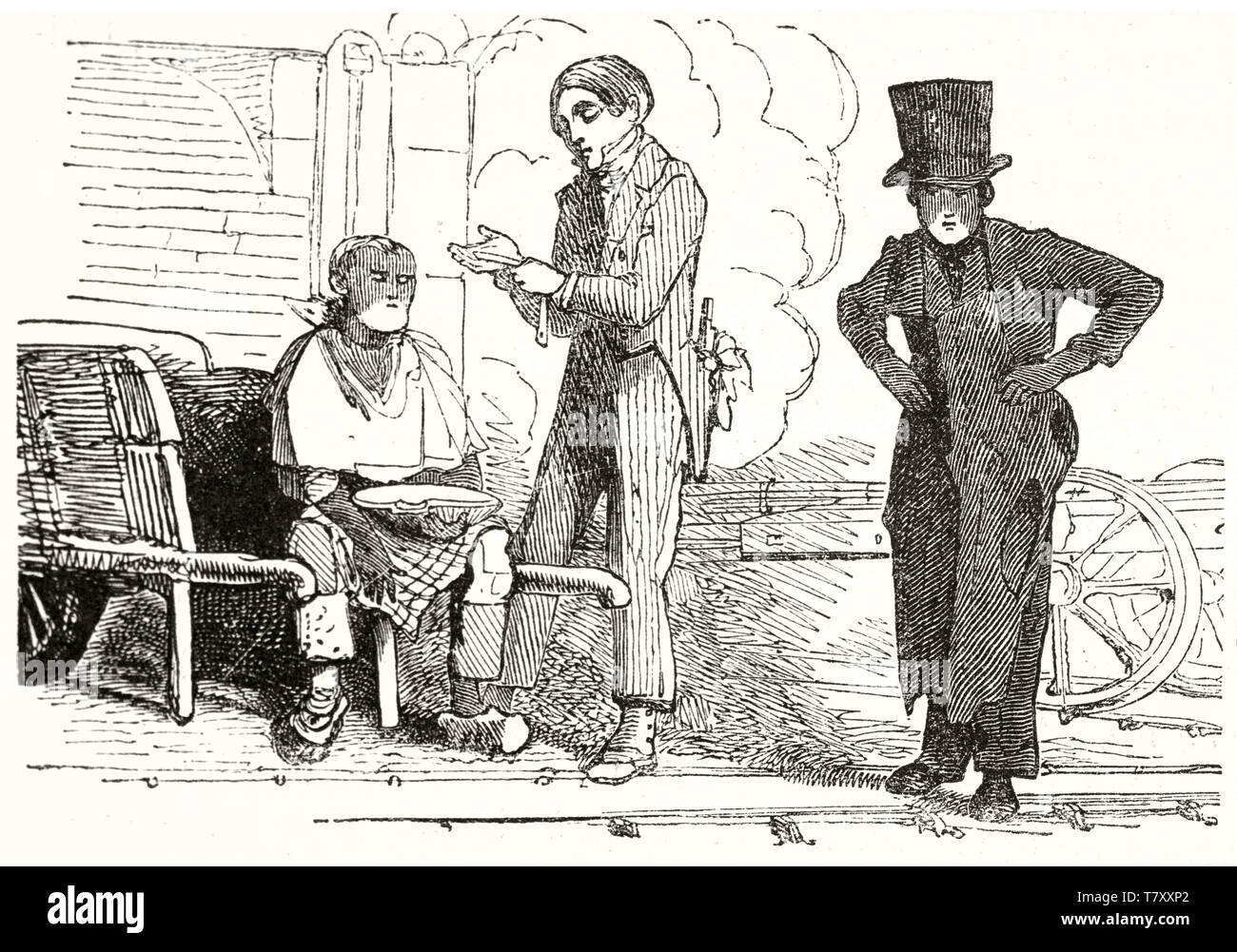 Ancient barber shaving his customer outdoors. People displayed full ...