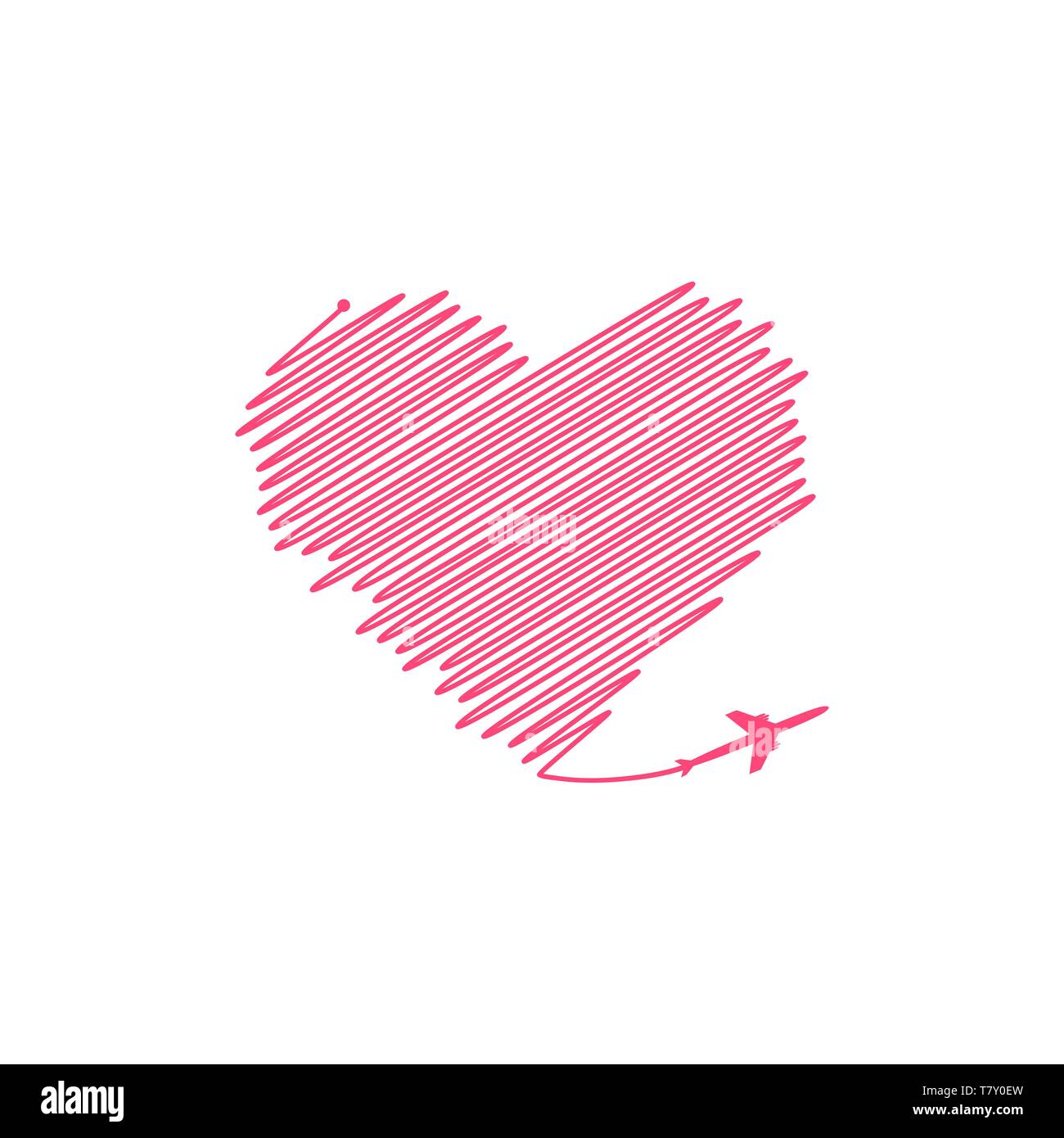 Plane and its track in the shape of a heart on white background. Vector ...