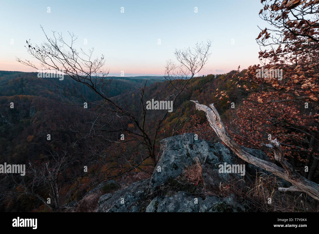 Cold sunrise in the Bode valley in the Harz mountains. Magnificent ...
