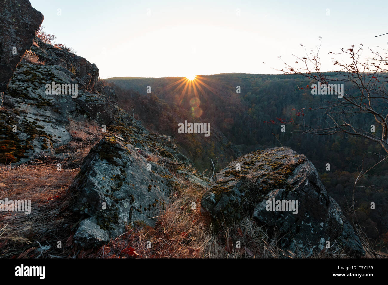 Cold sunrise in the Bode valley in the Harz mountains. Magnificent ...