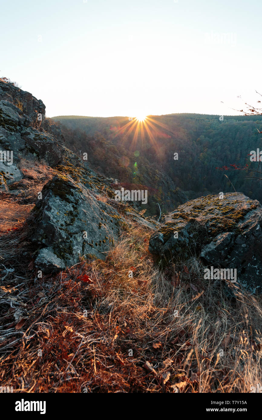 Cold sunrise in the Bode valley in the Harz mountains. Magnificent ...