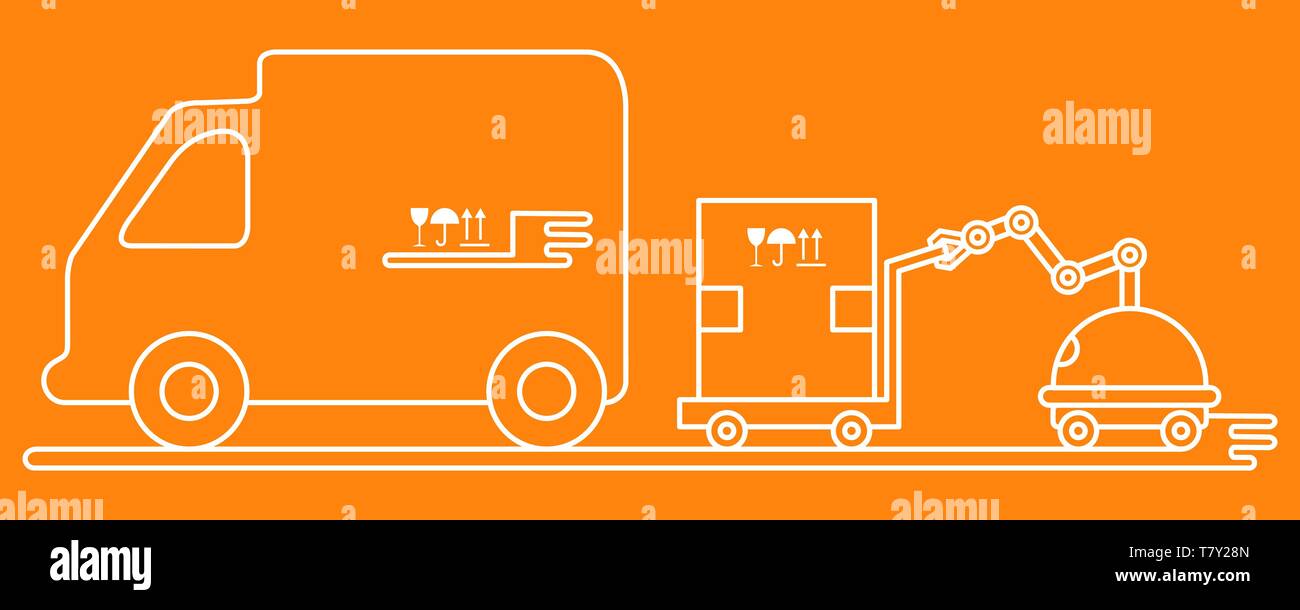Vector illustration with robot loader loads boxes into a truck ...