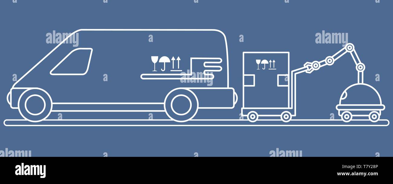 Vector illustration with robot loader loads boxes into a car ...
