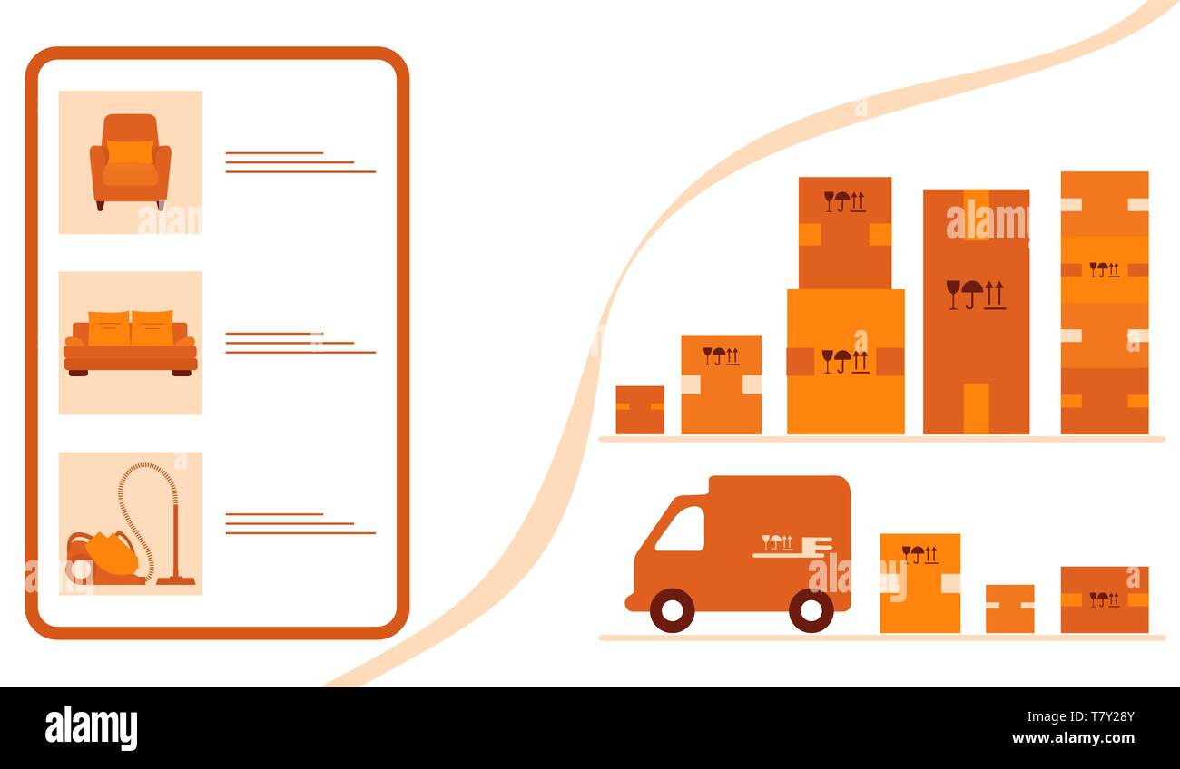 Vector illustration with order goods online. Warehouse, delivery. Cargo ...