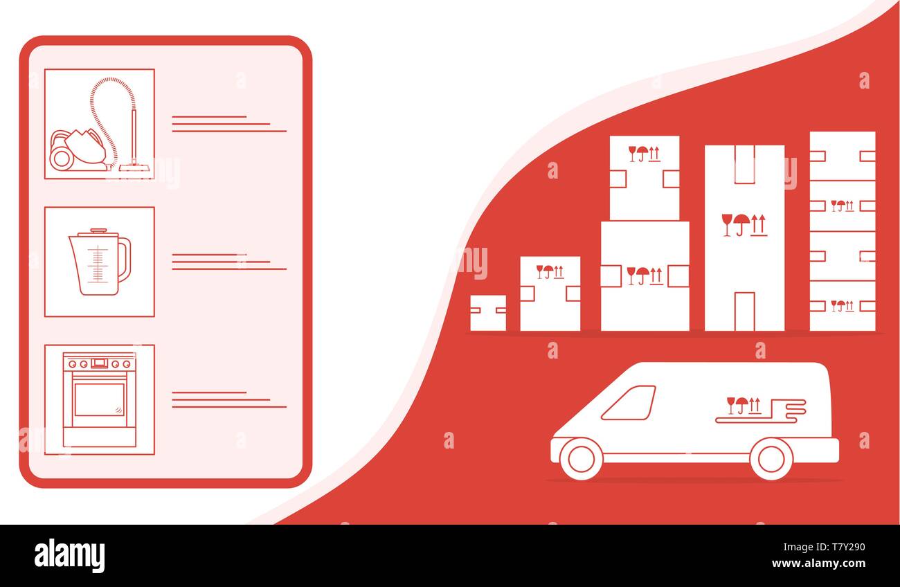 Vector illustration with order goods online. Warehouse, delivery. Cargo ...