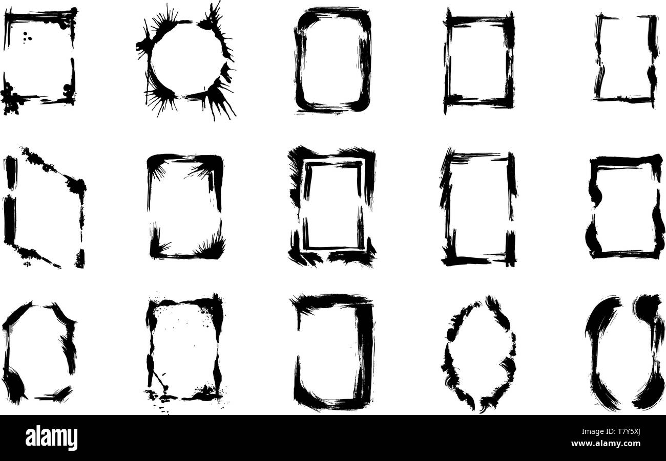 Set of dry brush frames. Black and white engraved ink art. Isolated ...