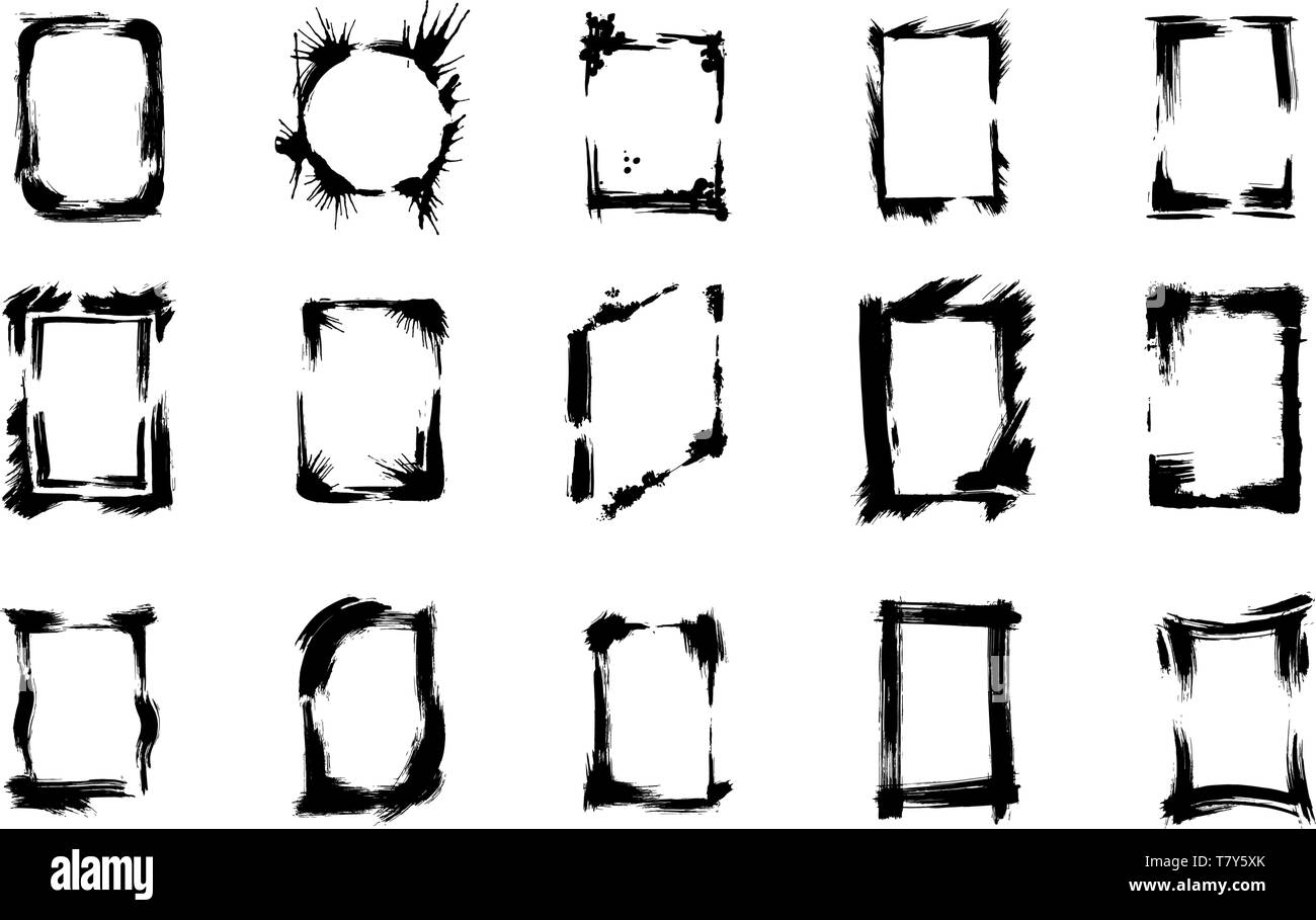 Set of dry brush frames. Black and white engraved ink art. Isolated ...