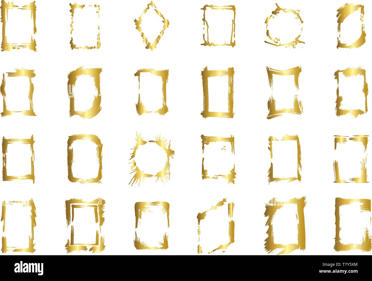 Set of dry brush frames. Hand drawn artistic frames. Golden engraved ...