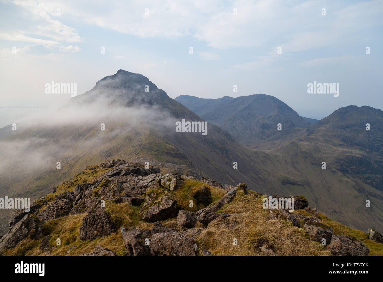 A misty morning on Rum looking from Hallival to Askival with Ainshval ...