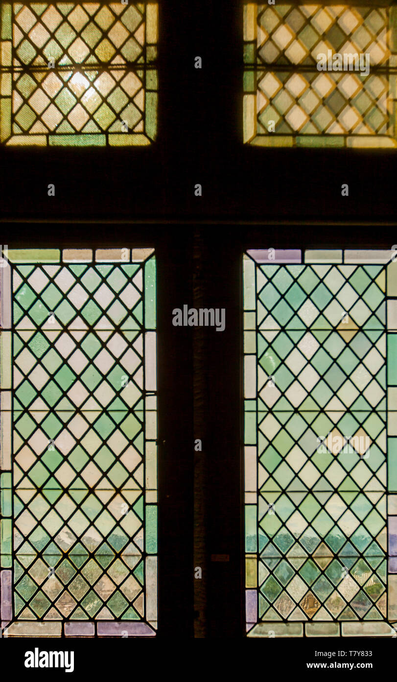 Look at vignon in France trough old medieval stained glass window Stock ...