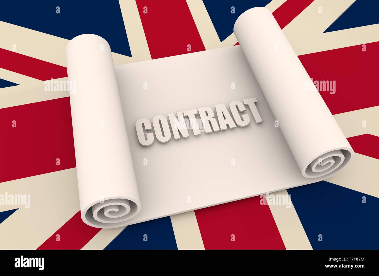 Paper scroll on background textured by United Kingdom flag. Contract ...