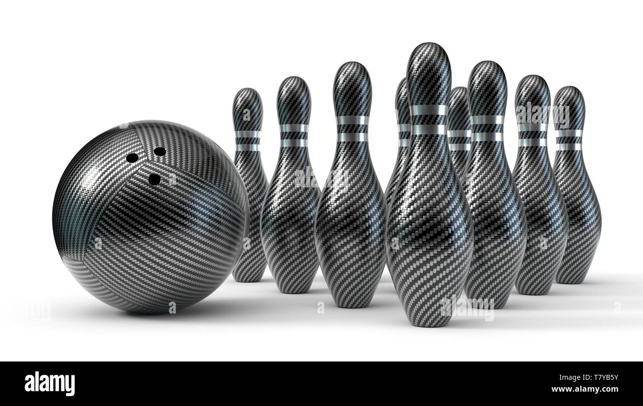 carbon fiber bowling ball with pins. isolated on white background. 3d ...