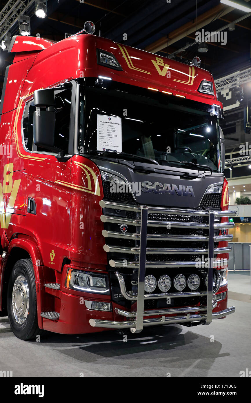 Helsinki, Finland. 09 May, 2019. Scania S650 A6X4NB V8 50 years anniversary truck displayed on ...