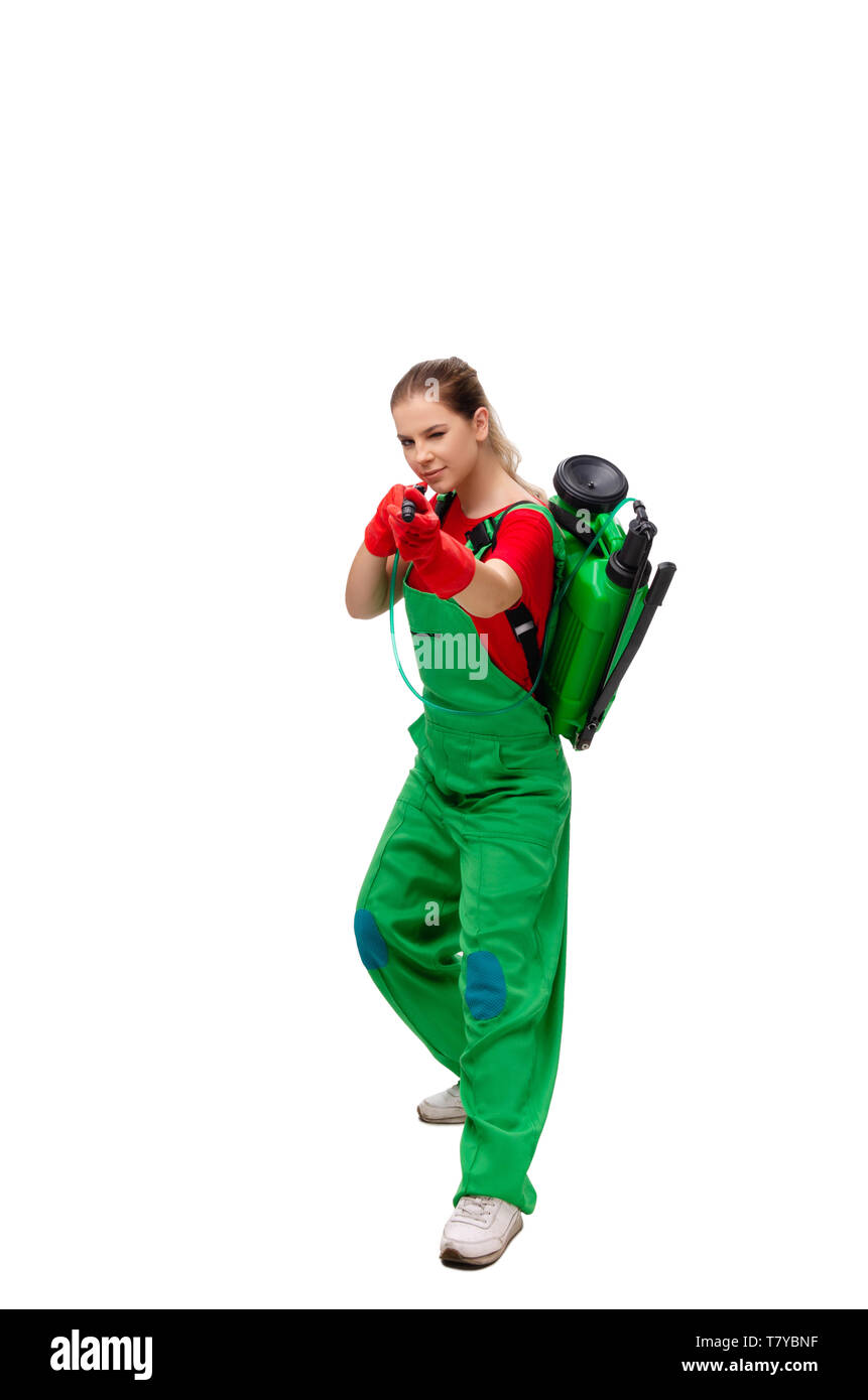 Female pest control contractor isolated on white Stock Photo - Alamy