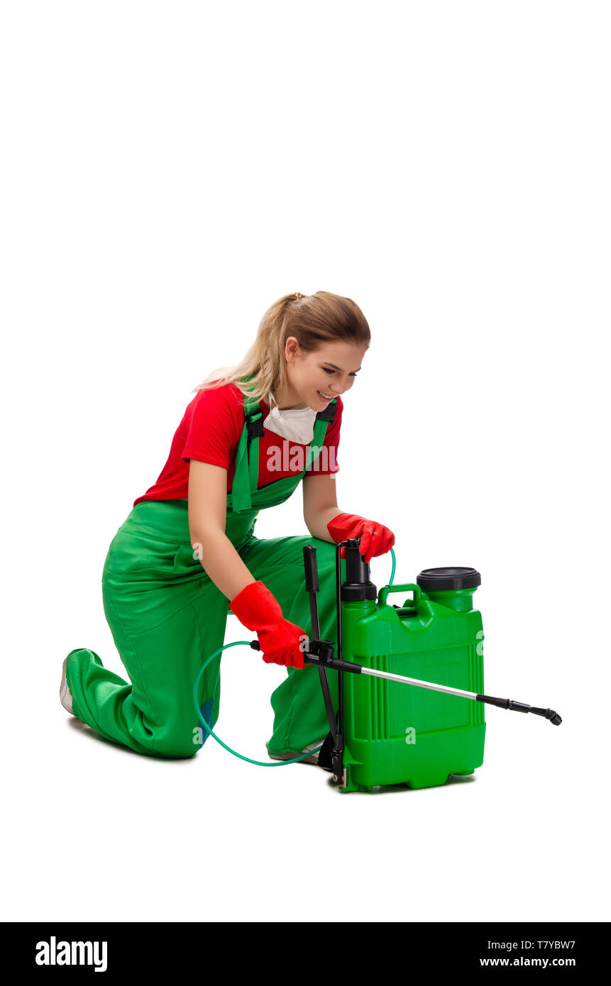 Female pest control contractor isolated on white Stock Photo - Alamy