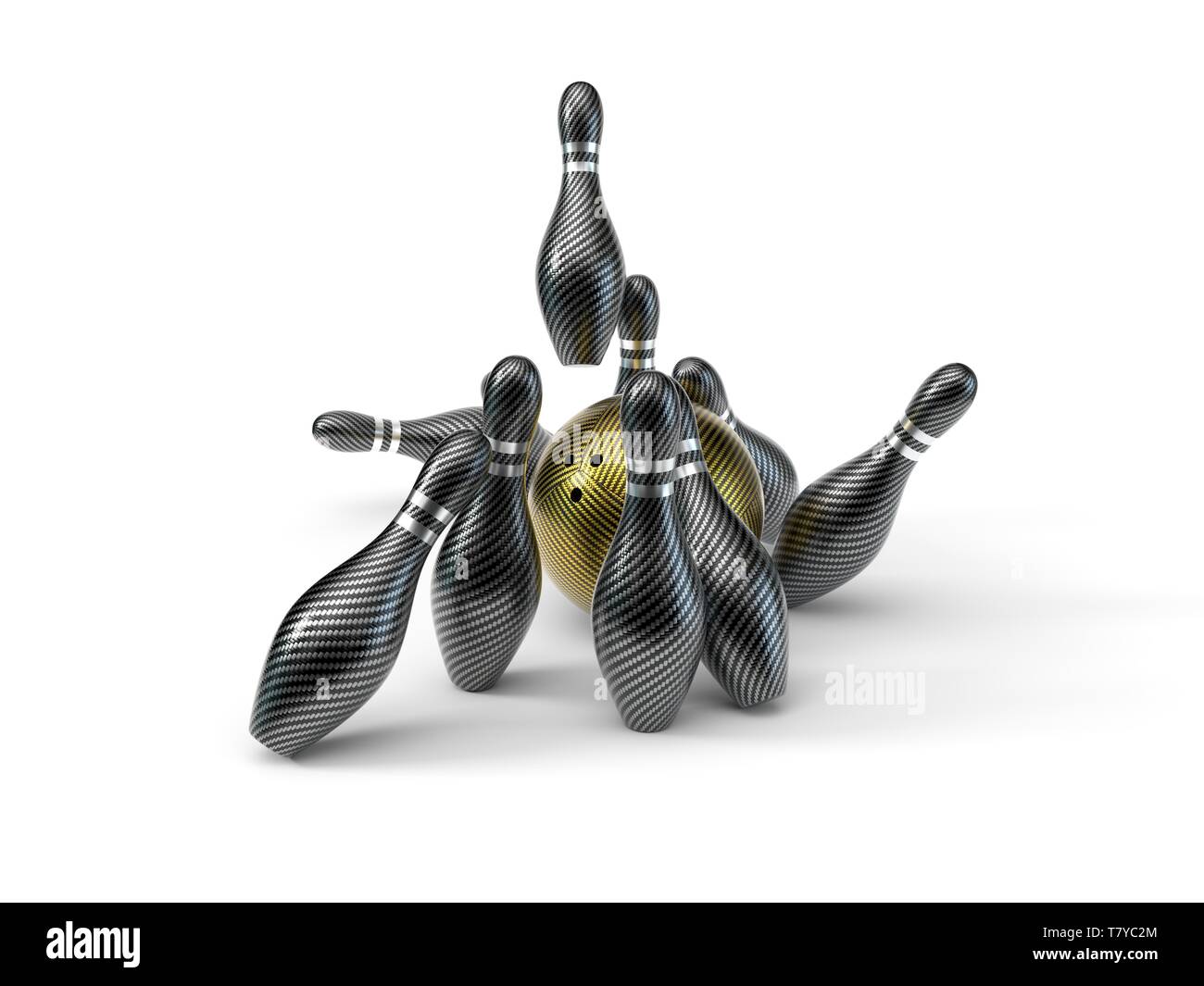 carbon fiber bowling ball with pins. isolated on white background. 3d ...
