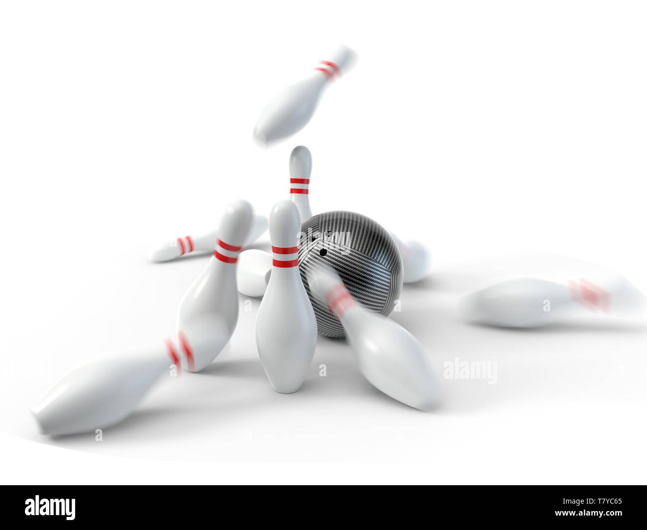 carbon fiber bowling ball with pins. isolated on white background. 3d ...