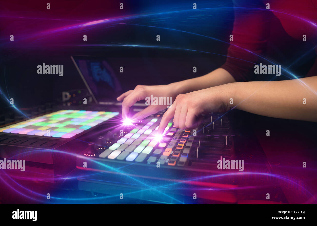 Hand mixing music on midi controller with wave vibe concept Stock Photo ...