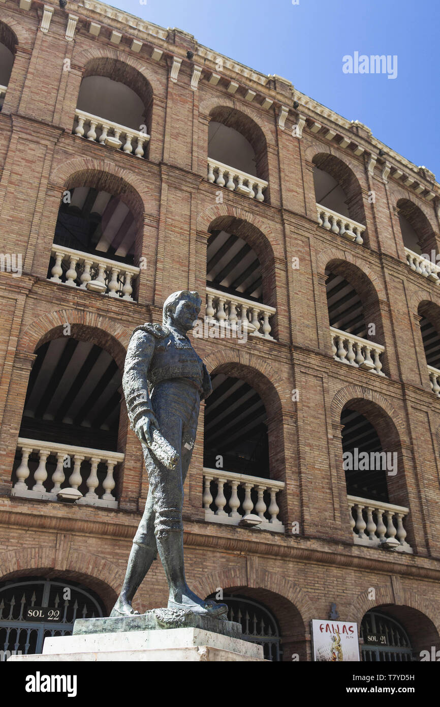Spain, Valencia, Bullfighting arena in Plaza de Toros, statue of a ...