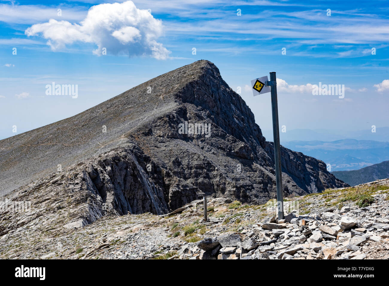 View of the peak named Skolio and sign post of the E4 european long ...