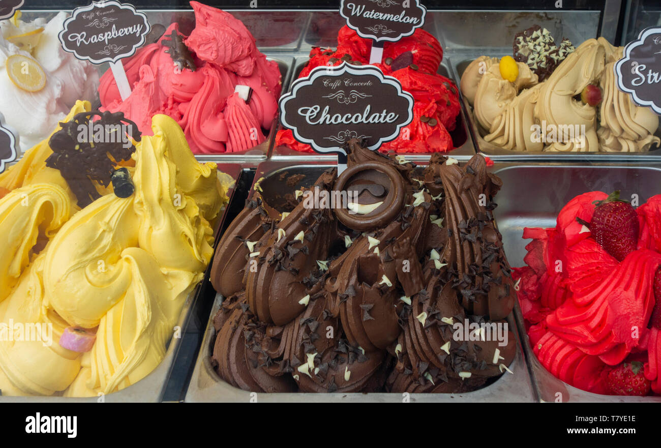 Chocolate ice cream in display cabinet Caffe Concerto South Molton ...