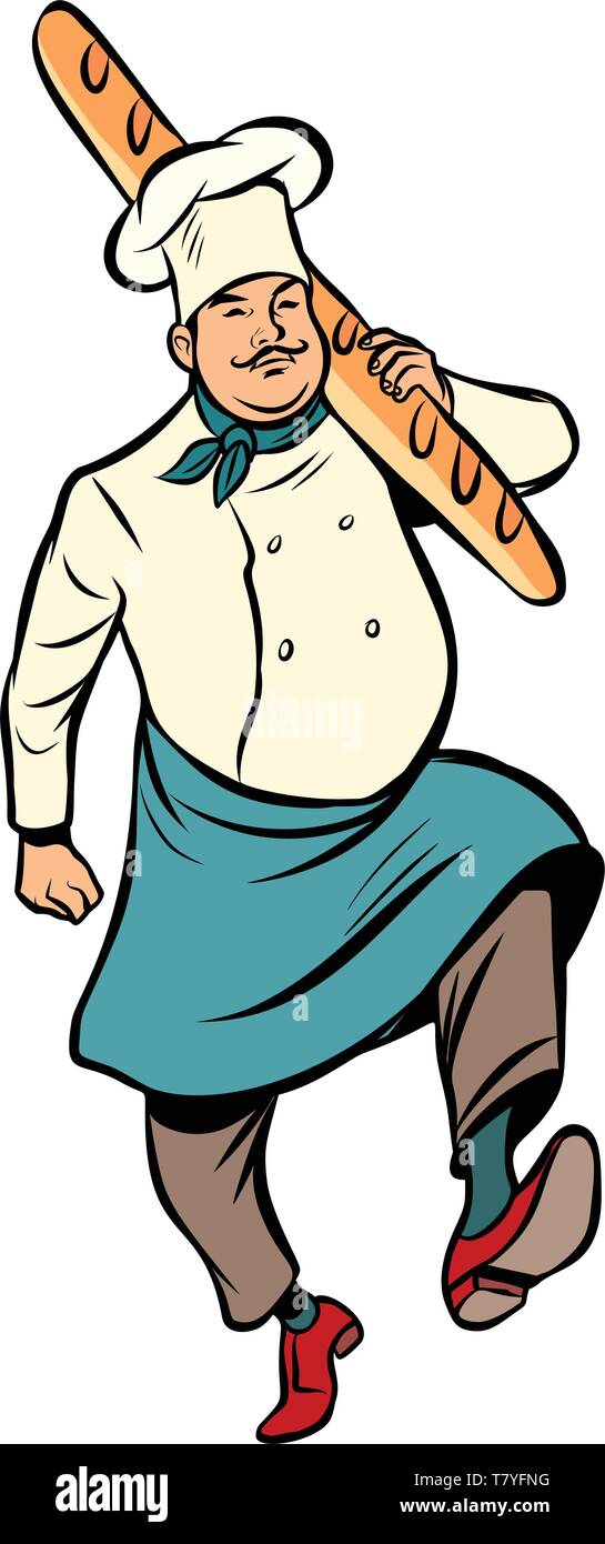 Baker with a loaf of bread isolate on white background. Comic cartoon ...