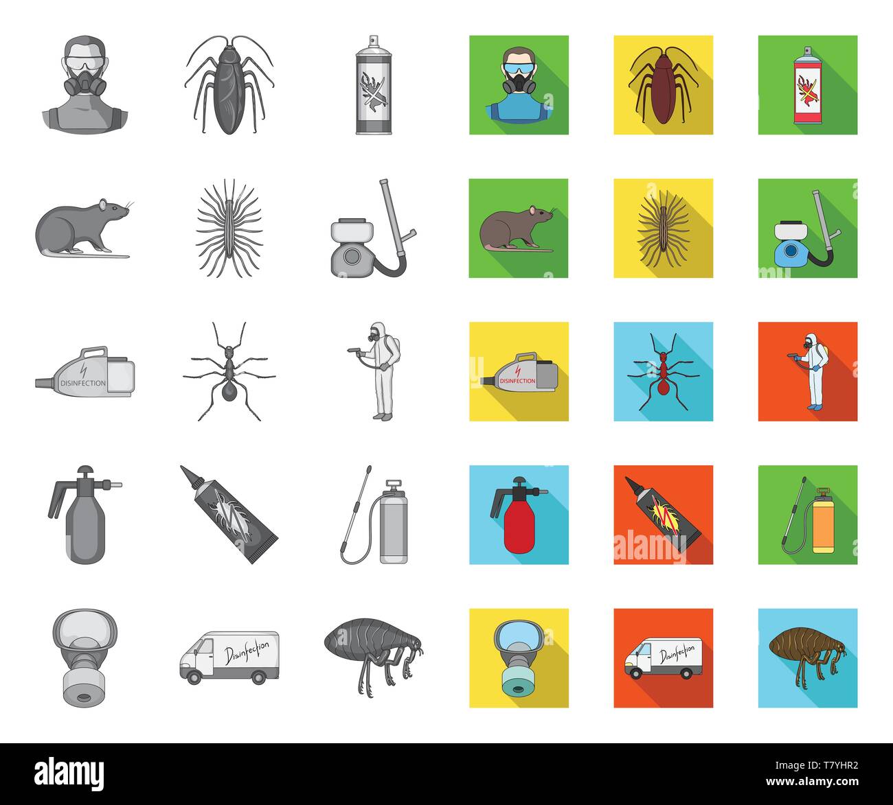 Pest, poison, personnel and equipment mono,flat icons in set collection ...