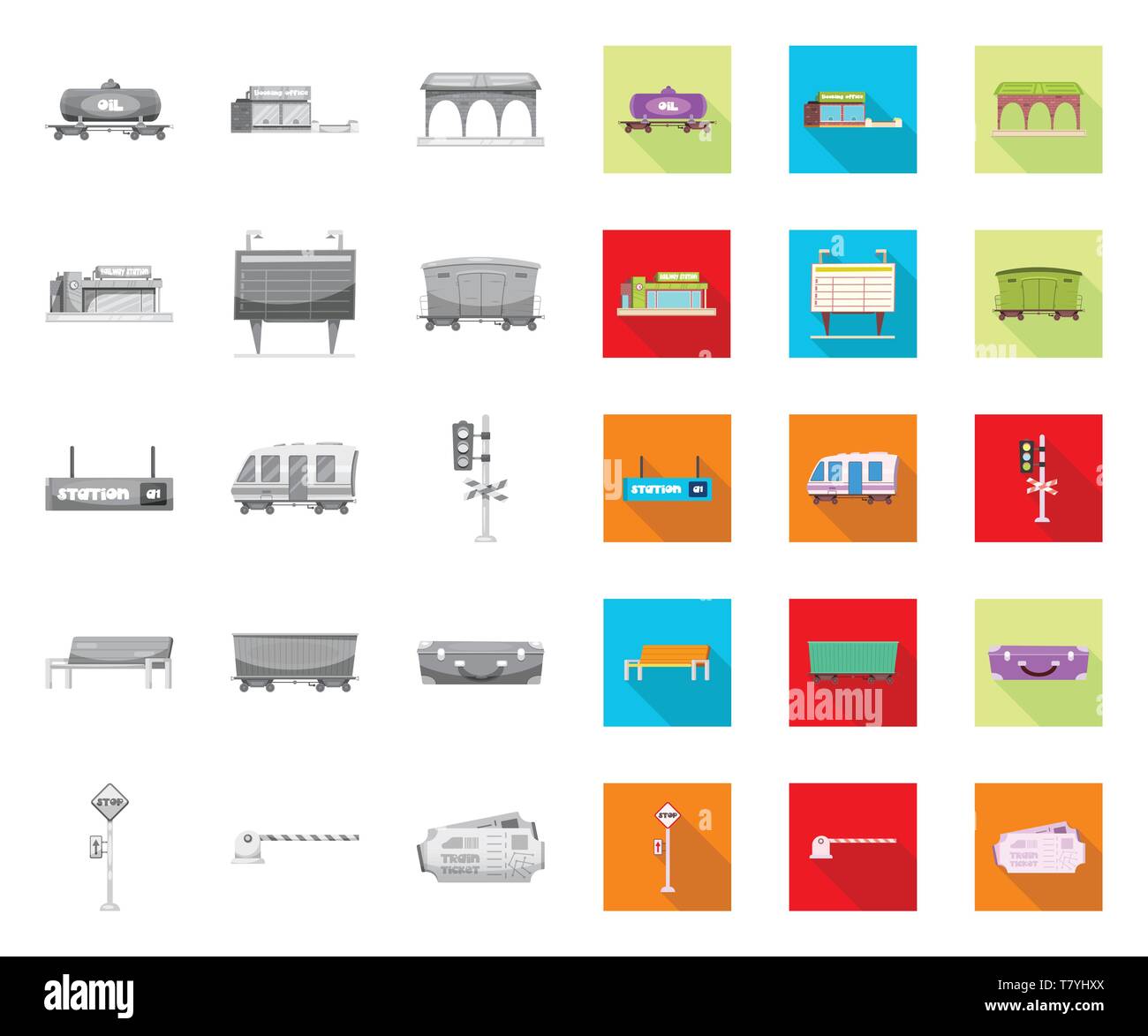 Vector design of train and station sign. Collection of train and ticket ...