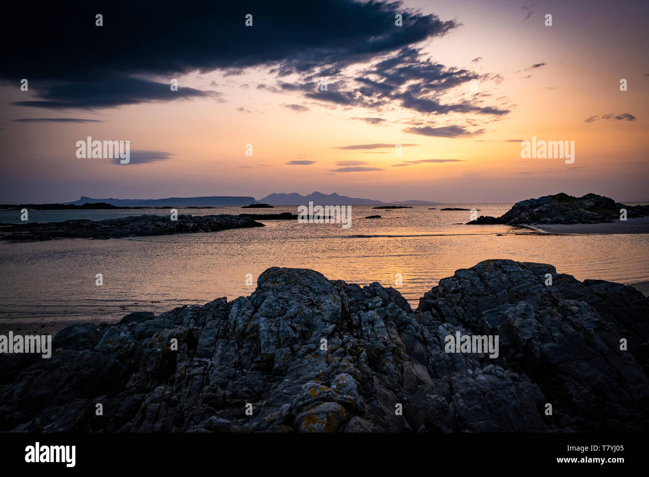 Arisaig beach, view towards Isle of Skye, Eigg and Rhum, Highlands ...