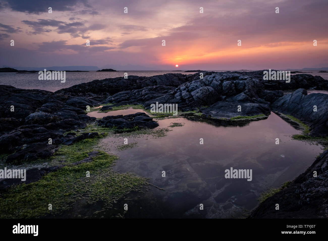 Arisaig beach, view towards Isle of Skye, Eigg and Rhum, Highlands ...
