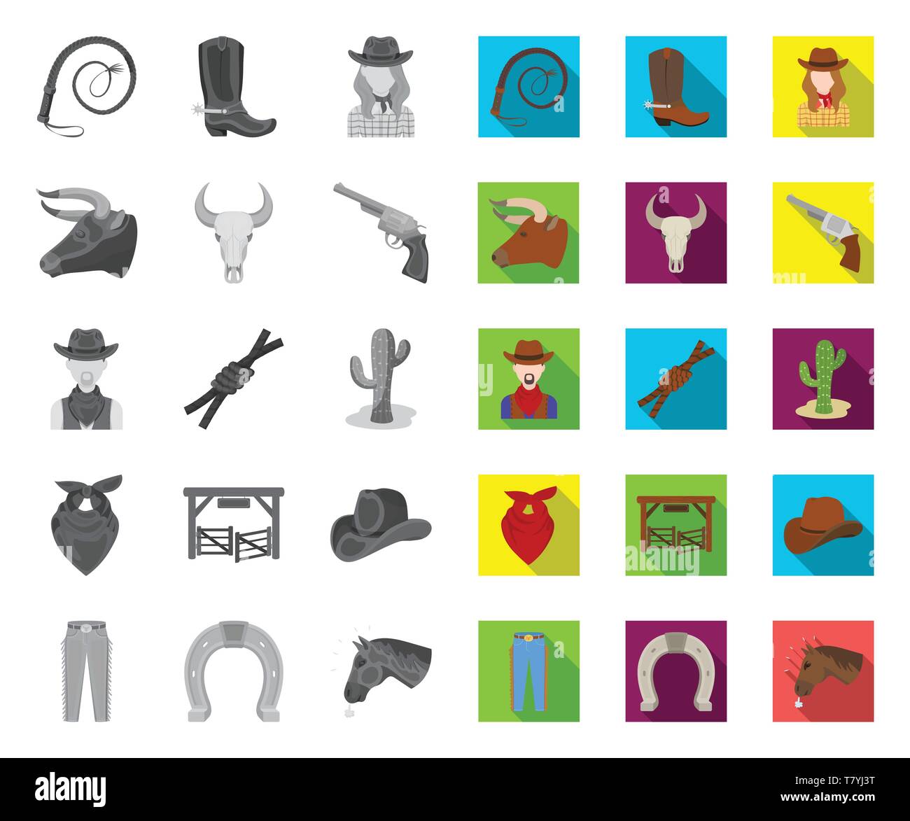Rodeo, competition mono,flat icons in set collection for design. Cowboy ...