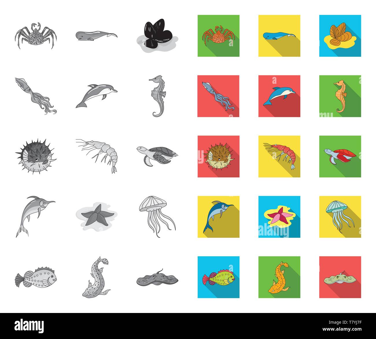 A variety of marine animals mono,flat icons in set collection for ...