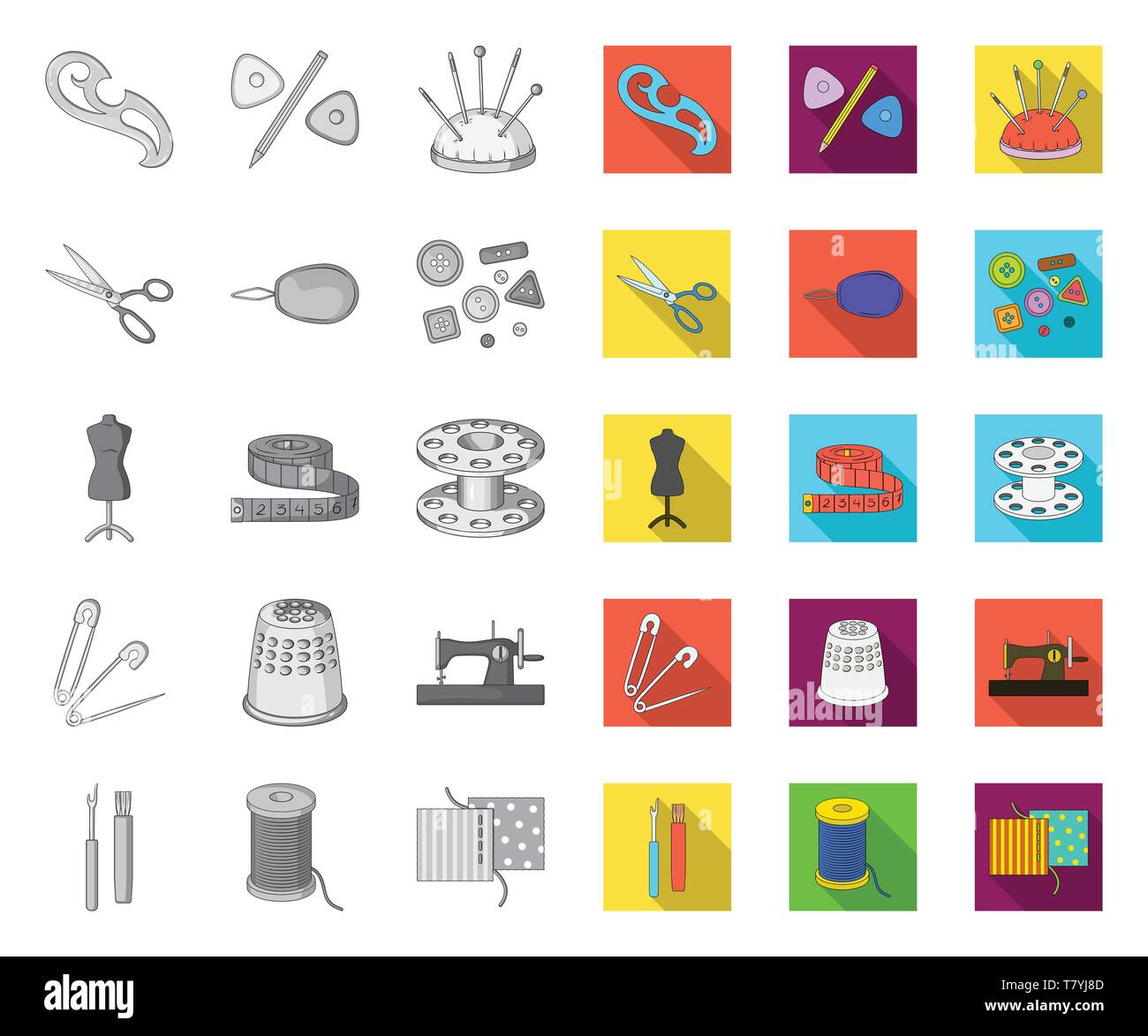 Sewing, atelier mono,flat icons in set collection for design. Tool kit ...