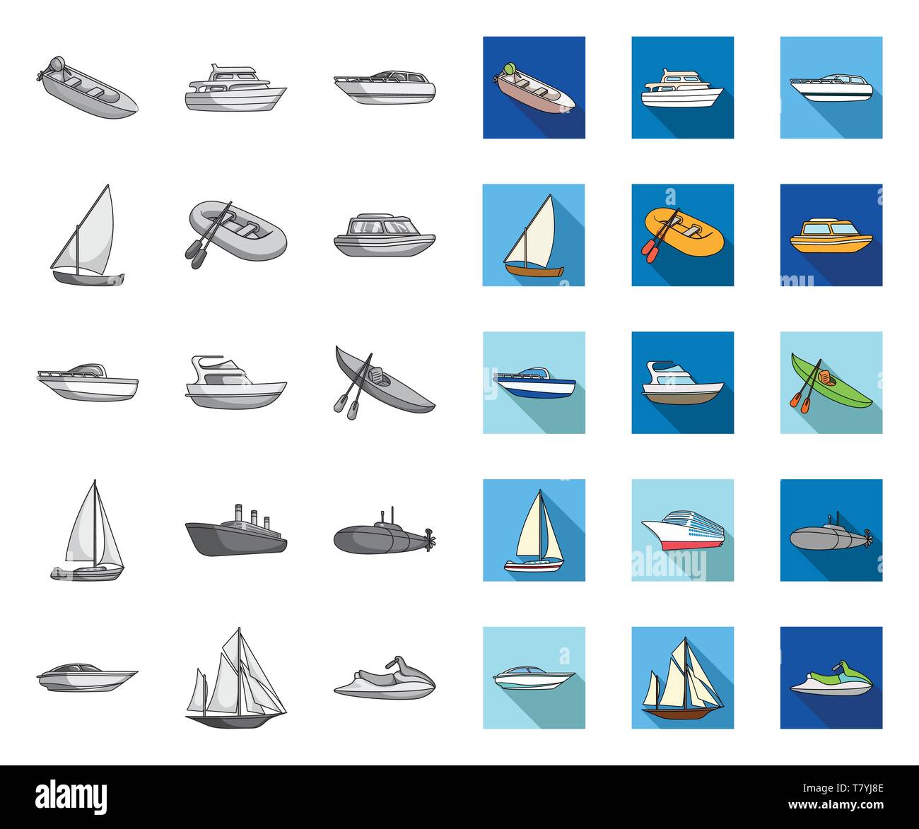 Water and sea transport mono,flat icons in set collection for design. A ...