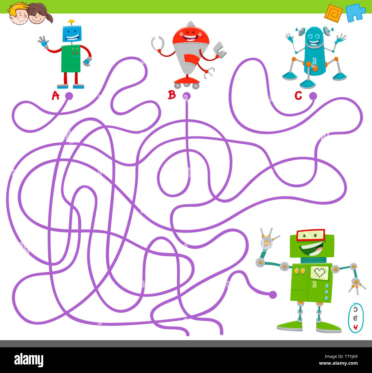 Cartoon Illustration of Lines Maze Puzzle Activity Game with Happy ...