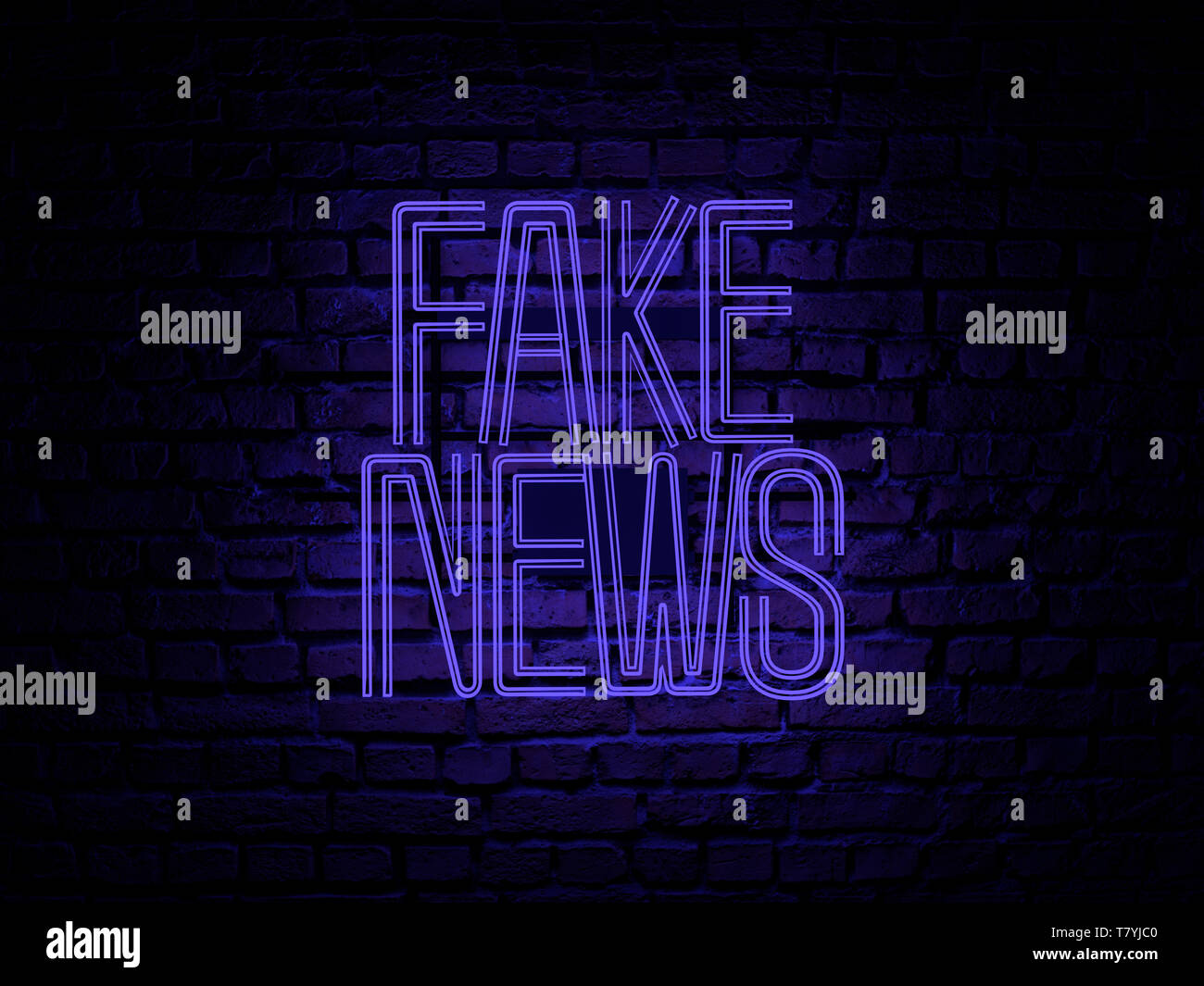 Fake News Neon Sign blue color over a red brick wall at dark ...