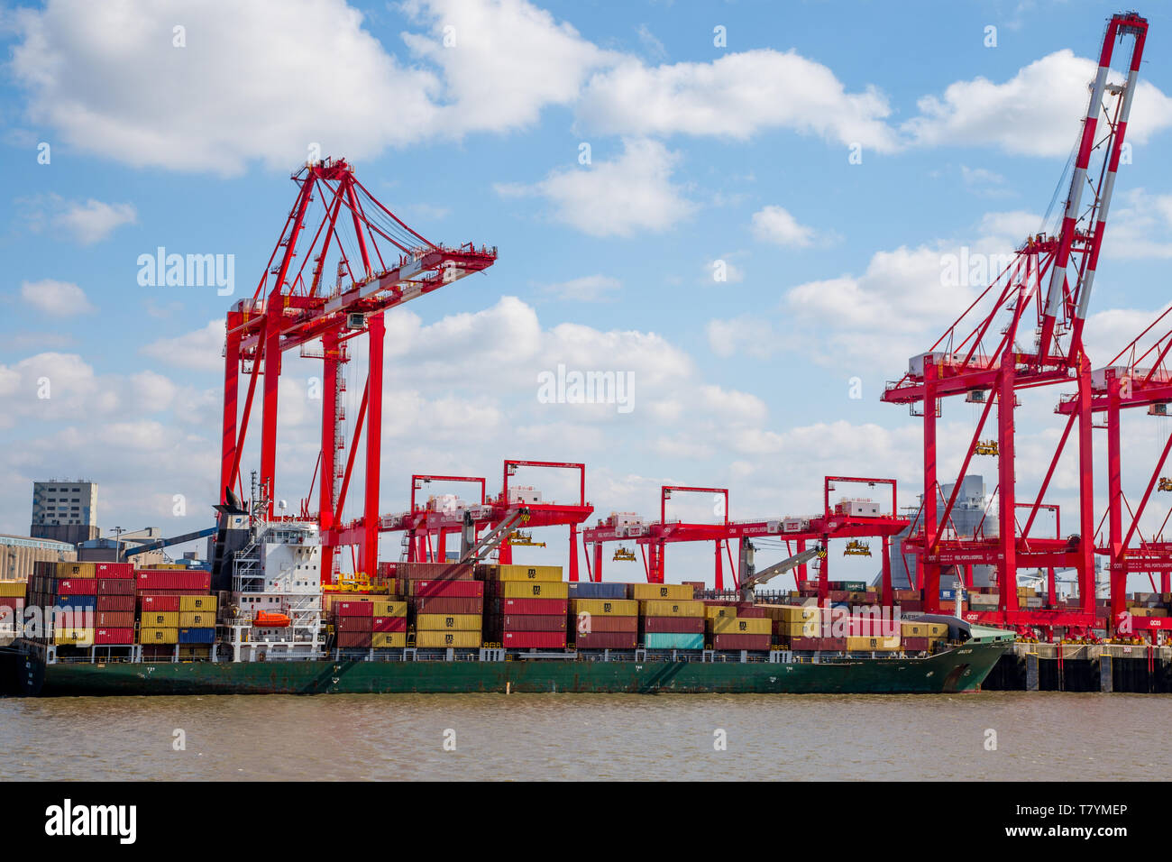 Peel Ports dock cranes loading the Jacob container ship, near Liverpool ...