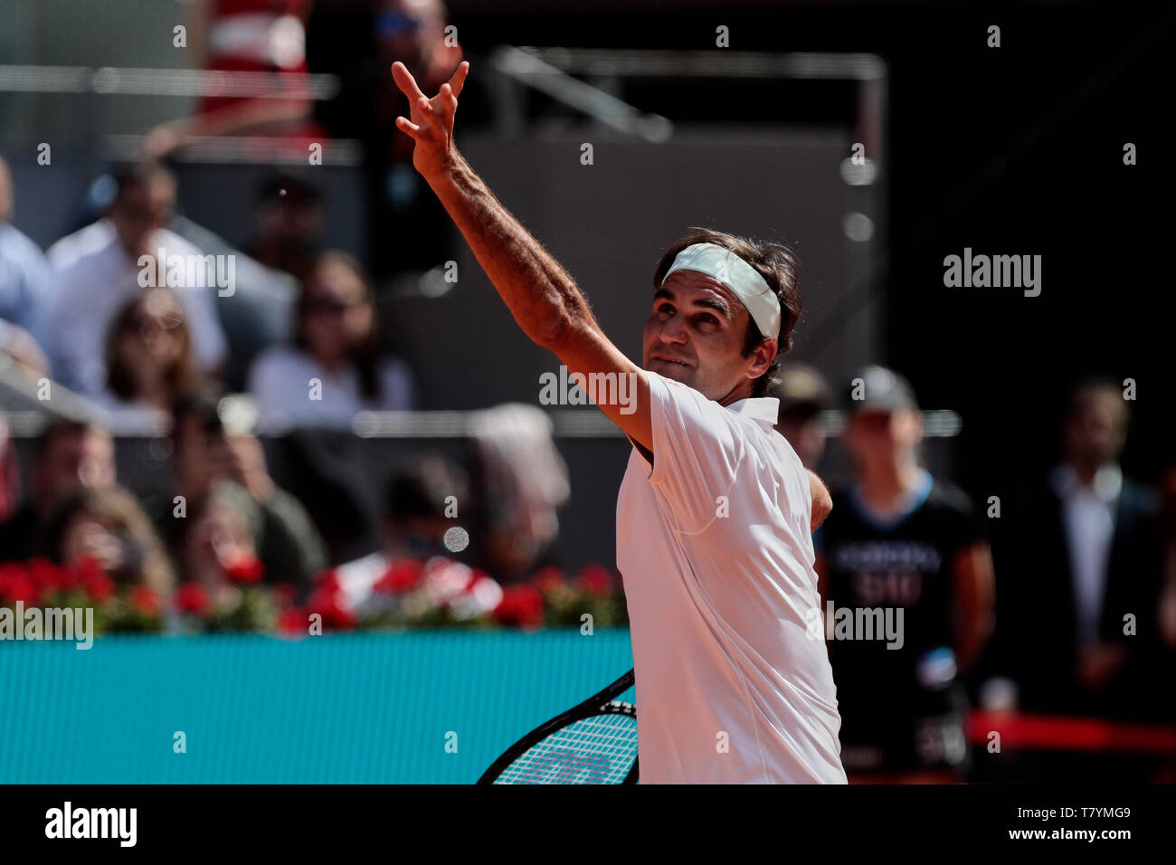 Roger Federer seen in action during the Mutua Madrid Open Masters match ...