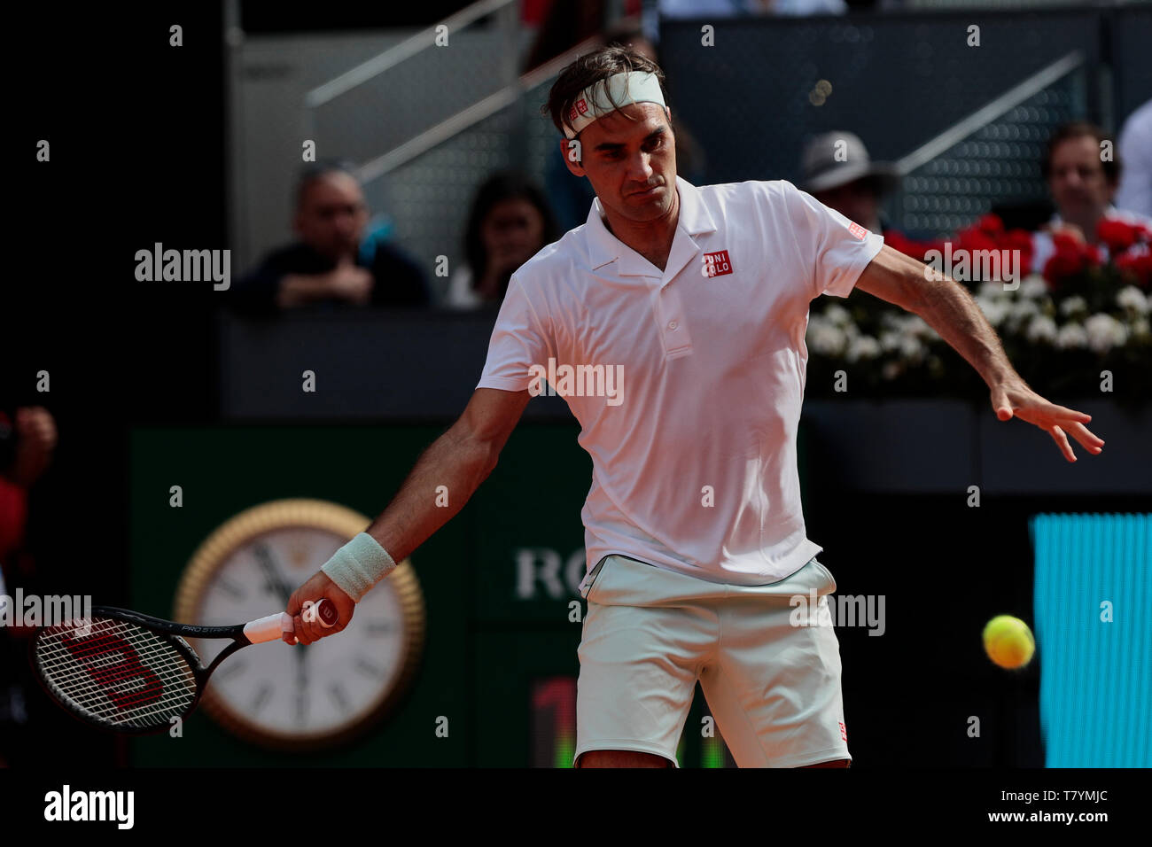 Roger Federer seen in action during the Mutua Madrid Open Masters match ...