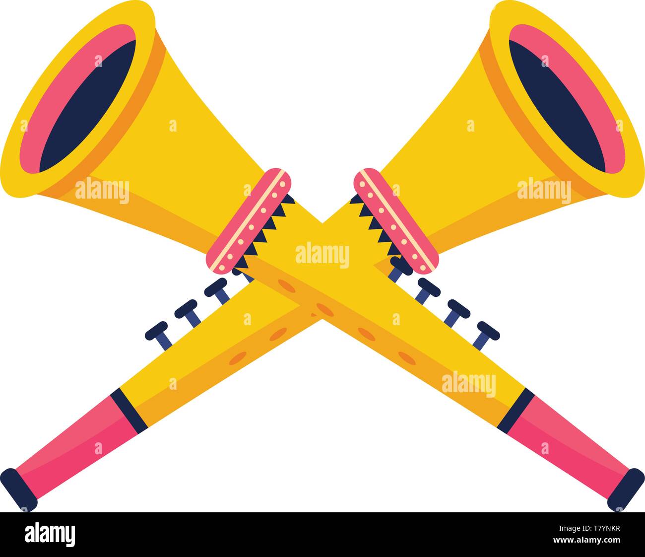 two yellow trumpets tilted isolated musical instruments vector ...