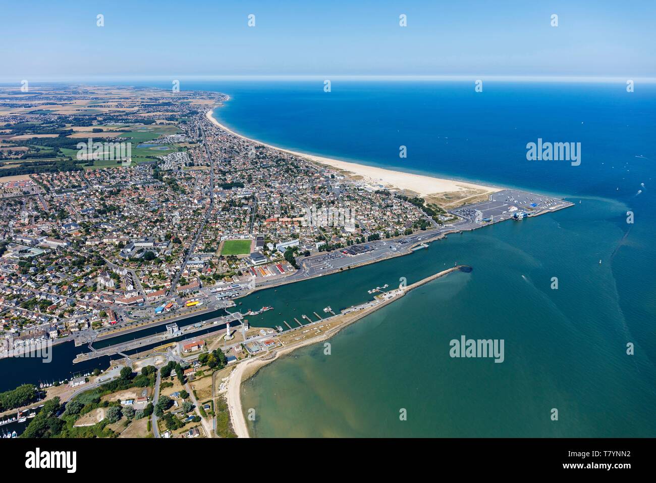 France, Calvados, Ouistreham, the canal, the town and Sword beach June ...