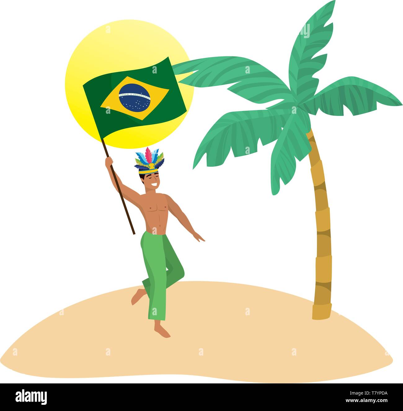 man with holding flag celebrating brazil carnival on beach with palm ...